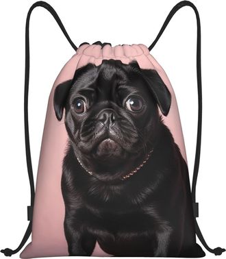 Generic Niedlicher Schwarzer Mops-Print Sportbeutel Daypack Verstellbar Leicht Rucksack for Urlaub Wandern Schwimmen 36X42Cm
