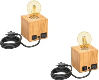 LEDs Com 2 Stück Tischlampe HITO, Holz massiv, eckig, USB, inkl. E27 Lampe gold, 471lm, extra-warmweiß