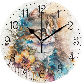 Mnsruu Wanduhr, sch&ouml;ne Katze, Aquarell, leise, nicht tickend, dekorative Wanduhren, batteriebetrieben, 25 x 25 cm, f&uuml;r Zuhause, Wohnzimmer, K&uuml;che, Badezimmer