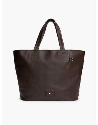 Tommy Hilfiger Leder-Tragetasche in Dunkelbraun mit Logo-Aufn&auml;her