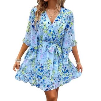 Generic Robe dété bohème florale pour femme, mini robes dété décontractées à volants en mousseline de soie, robe florale à col en V pour femme, bleu, XL