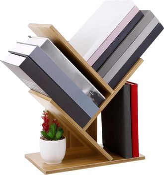 DOITOOL Kleines Baum Design Holz Bücherregal für Desktop Stabiles Bücherregal mit Kippschutz Platzsparendes Aufbewahrungsregal für Büro Wohnzimmer und Studium