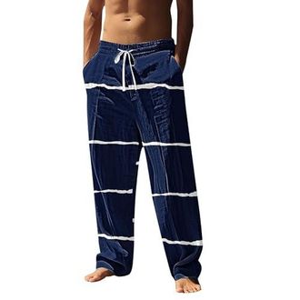 Generic Pantalon d&eacute;t&eacute; en coton et lin pour homme - Style d&eacute;contract&eacute; - Imprim&eacute; ray&eacute; 3D - Respirant, bleu marine, XXL