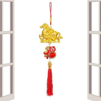 Generic D&eacute;corations du Nouvel An chinois - Breloque 3D en forme de cheval dor&eacute; avec pompon, pour fen&ecirc;tre, mur, porte, b&eacute;n&eacute;diction, f&ecirc;te