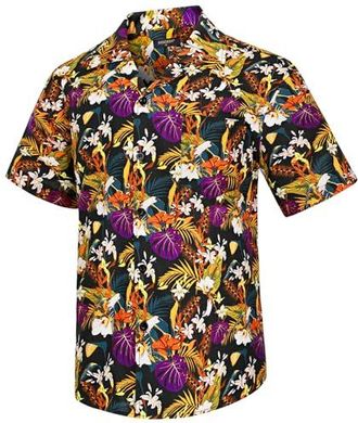 Hisdern Chemise Hawaïenne Homme Manche Courte Ete Chemises a Fleur Coton Chemises Hawaii Hommes pour Festival Plage Noir & Jaune L