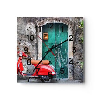Arttor Modern Wanduhr Scooter Transport Italien Retro 40x40cm Quadrat Groß Wand Uhr Glas Analog Zimmeruhren Küche Büro Wohnzimmer Glasuhr Wall Clock Dekorati
