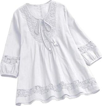 Generic Hauts et chemisiers en lin pour femmes, chemises en lin pour femmes T-shirt &agrave; col rond en dentelle Chemise d&eacute;t&eacute; d&eacute;contract&eacute;e Tunique Coupe ample Blous
