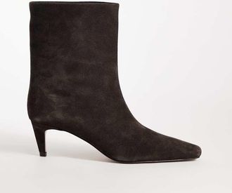 Mango bottines &agrave; petit talon en daim 100 % cuir couleur chocolat-Marron