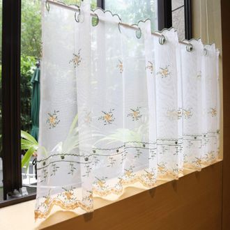 A.Monamour Gardine Scheibengardinen Kurzstores Weiße Transparente Voile Blumenstickerei mit Ösenoberteil Kurzvorhang Kurzgardinen Fensterbehandlung Küche Vorhang