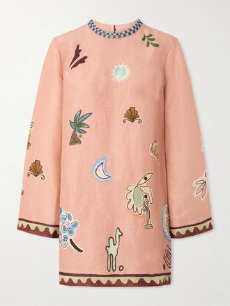 Alemais Laurence Minikleid Aus Einer Bedruckten Leinen-seidenmischung Mit Zierperlen - Pink