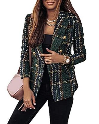 Onsoyours Femme Blazer &agrave; Carreaux &Eacute;l&eacute;gant Manches Longues Slim Fit OL Bureau Affaires Veste De Costume Devant Ouvert Manteau Cardigan Blouson Jacket A Arm&eacute;e Ver
