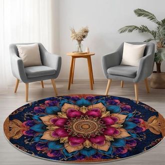 Generic Or Tapis Boh&eacute;mien Rond Antid&eacute;rapant, Art D&eacute;co Fleurs Motif Doux Tapis Poils Courts pour Salon Couloir Chambre Cuisine Descente de Lit - 150 cm