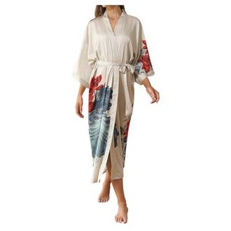 Generic Peignoir kimono luxueux en satin floral pour femme, sensation de fra&icirc;cheur, manches 3/4, v&ecirc;tements de nuit, jaune clair, Taille unique
