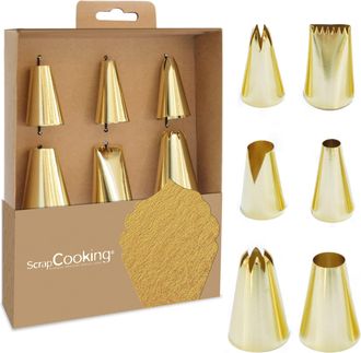 ScrapCooking Set mit 6 goldfarbenen Spritztüllen zum Backen - Spritztüllen aus Edelstahl: Macarons, Heilige Honore, Blume, Stern, Brennholz, Wahl & Beleuchtung - F
