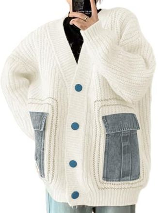 Generic Cardigan en patchwork &agrave; manches longues pour femme, coupe d&eacute;contract&eacute;e, col en V, boutonn&eacute;, manteau dext&eacute;rieur avec poches, gris fonc&eacute;, taille unique 