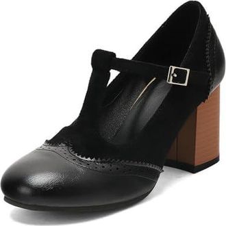 Generic Mary Janes Chaussures d&eacute;contract&eacute;es pour femme avec sangle en T et talons mi-hauts Style vintage, Noir, 38.5 EU