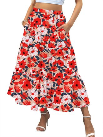 Zeagoo Damen Rock Lang Sommer Rock Elegant A-Line Hohe Taille Maxirock Elastische Freizeitrock Blumen Röcke mit Taschen Floral Rot L