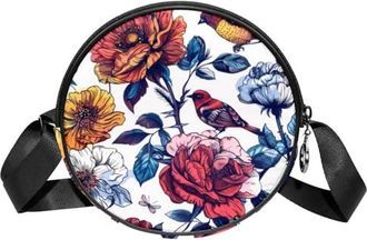 Generic Sac &agrave; bandouli&egrave;re rond pour femme, petit sac &agrave; bandouli&egrave;re motif oiseaux avec fermeture &eacute;clair, bretelles r&eacute;glables, sac &agrave; main rond d&eacute;contract&eacute; pour 