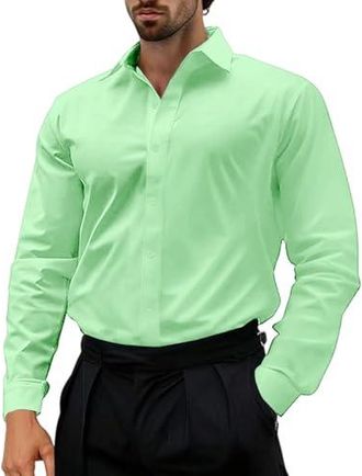 Generico Chemise pour homme &agrave; manches longues en coton, coupe r&eacute;guli&egrave;re, col boutonn&eacute;, chemise daffaires et de loisirs, t-shirt d&eacute;contract&eacute; &eacute;lastique, sans pli