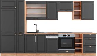 Vicco Küchenzeile Fame-Line, Anthrazit Landhaus/Goldkraft Eiche/Goldkraft Eiche, 355 cm, AP Eiche