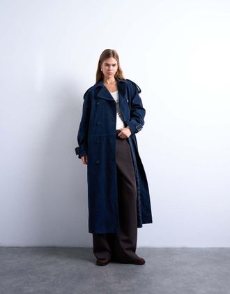 Topshop Trench-coat long oversize en daim synth&eacute;tique - Bleu marine