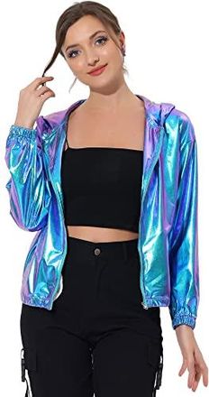 Allegra K Veste métallisée zippée à manches longues et à capuche holographique pour femmes Bleu M