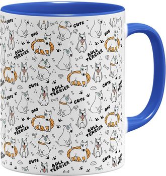 OM3 s&uuml;&szlig;e Kaffee-Tasse mit Bullterrier Tasse mit Hundemotiv Hund Bull Terrier | Keramik Becher | 11oz 325ml | Rundumdruck | Blau