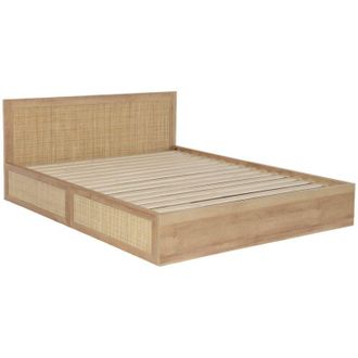 Sweeek Bett mit Lattenrost und Kopfteil 160 x 200 cm + 4 Schubladen Holzdekor und Rattan-Geflecht