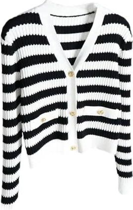 Generic Cardigan court &agrave; rayures et col en V pour femme, noir, Taille XS
