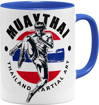 OM3 Muay-Thai Fighter Tasse Tailand Martial Arts Fight Boxing Club - Keramik Becher - 11oz 325ml - Beidseitig Bedruckt - Royalblau