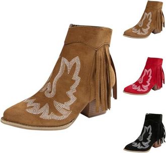 Generic Bottes de cowboy pour femme avec fermeture éclair latérale, brodées cousues, bottes occidentales courtes à talon épais et bout pointu Bottines confort
