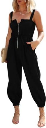 Minetom Femme Combinaison Casual Col V Sans Manches Fermeture Éclair Jumpsuit Playsuit Sport Cargo Pantalon Romper A Noir XS