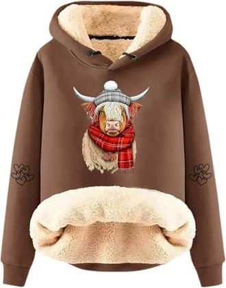 Generic Highland Cow Sweat &agrave; capuche pour femme - Pull de No&euml;l doux et chaud - Doublure en polaire Sherpa - Sweat de No&euml;l d&eacute;contract&eacute; &agrave; manches longues - Gran