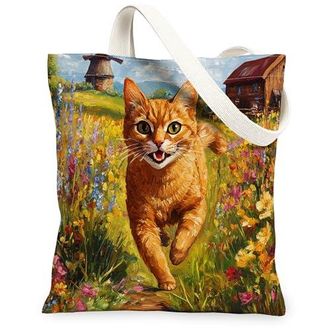 Generic Sac fourre-tout en toile motif chat abyssin printanier pour faire du shopping, 33 x 38,1 cm, sac d&eacute;picerie r&eacute;utilisable pour femme, motif floral amusa