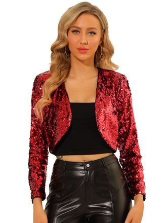 Allegra K Damen Glitzer Blazer Festliche Langarm Offen Pailletten Crop Jacke Rot XS