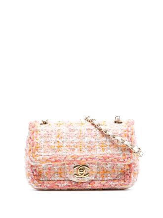Chanel mini sac &agrave; bandouli&egrave;re Single Flap en tweed et sequins (2019) - Orange