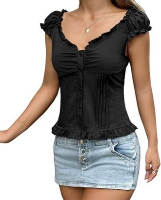 Generic Chemisier court pliss&eacute; &agrave; &eacute;paules d&eacute;nud&eacute;es et encolure en coeur pour femme, Noir, XL