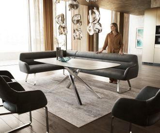 DELIFE Esszimmerbank Taya-Flex 285x190 cm Mikrofaser Anthrazit Vintage Kufengestell flach Edelstahl Taschenfederkern Rechts, Eckb&auml;nke