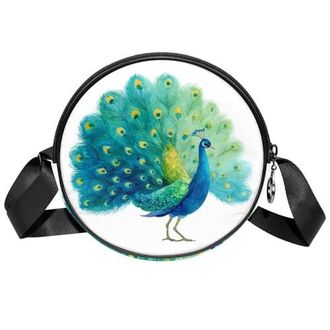 Generic Petit sac &agrave; bandouli&egrave;re circulaire pour femme, sac &agrave; bandouli&egrave;re aquarelle paon avec fermeture &eacute;clair, bretelles r&eacute;glables, sac &agrave; main rond d&eacute;contract