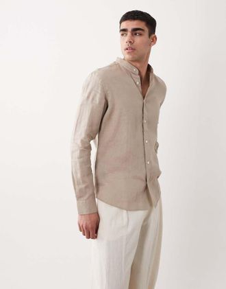 Mango Chemise 100 % lin &agrave; manches longues et col mao - Beige-Neutre