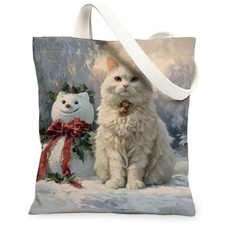 Generic Sac fourre-tout en toile motif chat dhiver, motif bonhomme de neige, réutilisable, léger et lavable, sac en toile pour voyage, plage, pique-nique, 33 