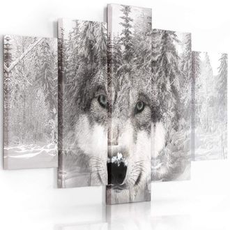 Feeby Leinwandbild Bilder Wand Bild - 5 Teile - Wandbilder Kunstdruck (Wolf, Wald, Schnee) 70x100 cm, Typ A