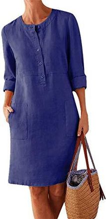Minetom Femme Robe Été Mi-Longue Manches Couleur Unie Robe Courte Au Genou Robe Casual Col Rond Boutonnée Décontractée Grande Taille Tunique C Bleu Foncé 3XL