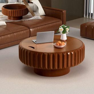 Generic Runder, geriffelter Couchtisch mit Stauraum f&uuml;r das Wohnzimmer, moderner, handgefertigter, luxuri&ouml;ser runder Trommeltisch mit Massivholzfurnier und st
