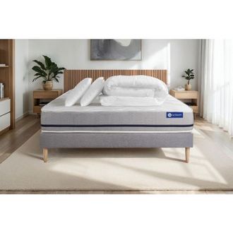 Actisom Komplettpaket Bett - Matratze 140x200 cm + Boxspringbett mit Lattenrost (im Set) + 2 Kopfkissen + Bettdecke - Actimemo Soft