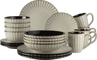 Mäser 931963 Serie Confino Geschirr Set für 4 Personen im modernen Vintage Look, 20-teiliges Kombiservice aus Keramik in Beige mit schwarzen Akzenten, Stein