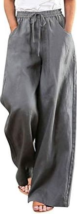 Onsoyours Femme Pantalon en Lin Coton Taille Haute Pantalon dété Léger Cordon Élastique Ample Pants Large Couleur Unie Confortable avec Poches Sport Yoga A Gris