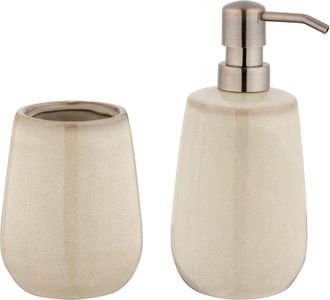 WENKO Seifenspender Mod. Sirmione freistehendes Bad-Accessoire Set aus Keramik beige mit Zahnputzbecher für Badezimmer Ø 8 x 17,5 cm 0,43 l