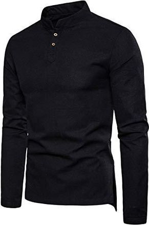Generic Chemises en lin pour homme grande taille - Chemise noire &agrave; manches longues - Col - T-shirt &agrave; manches longues - T-shirt noir en coton - Haut britanniqu