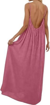 Generic Robe caraco d&eacute;contract&eacute;e pour femme, dos nu, couleur unie, robe caraco dos nu, robe d&eacute;t&eacute; d&eacute;contract&eacute;e sans manches avec noeud dans le dos, robe de pla